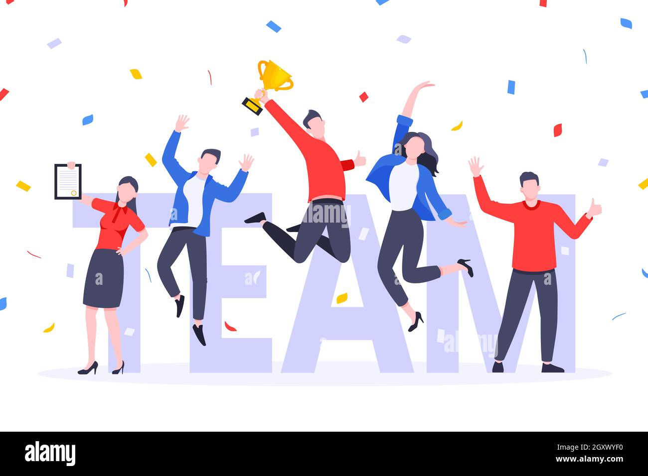 Happy business employee team winners award ceremony flat style design vector illustration ...