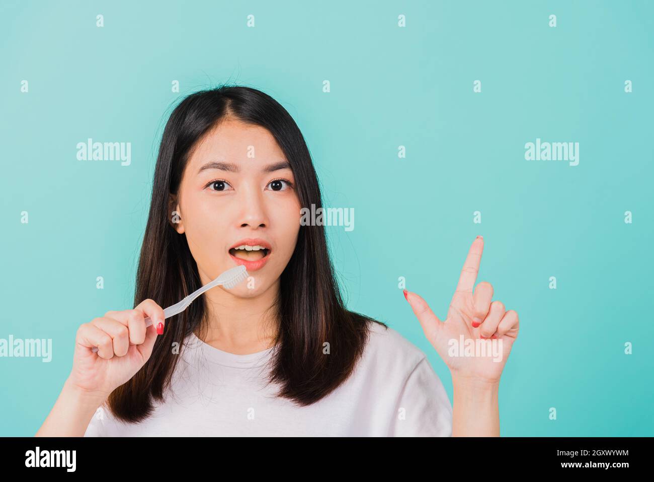 Portrait Asian Beautiful Young Woman Teen Smiling Holding Toothbrush