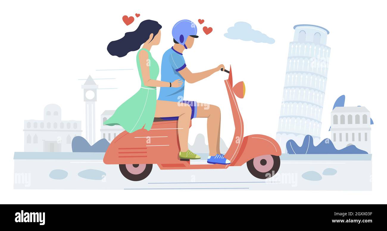 Happy couple in love riding motor scooter, vector illustration. Summer ...