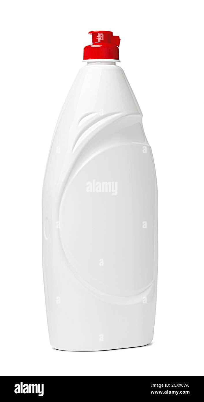White plastic bottle of washing liquid isolated on white background ...