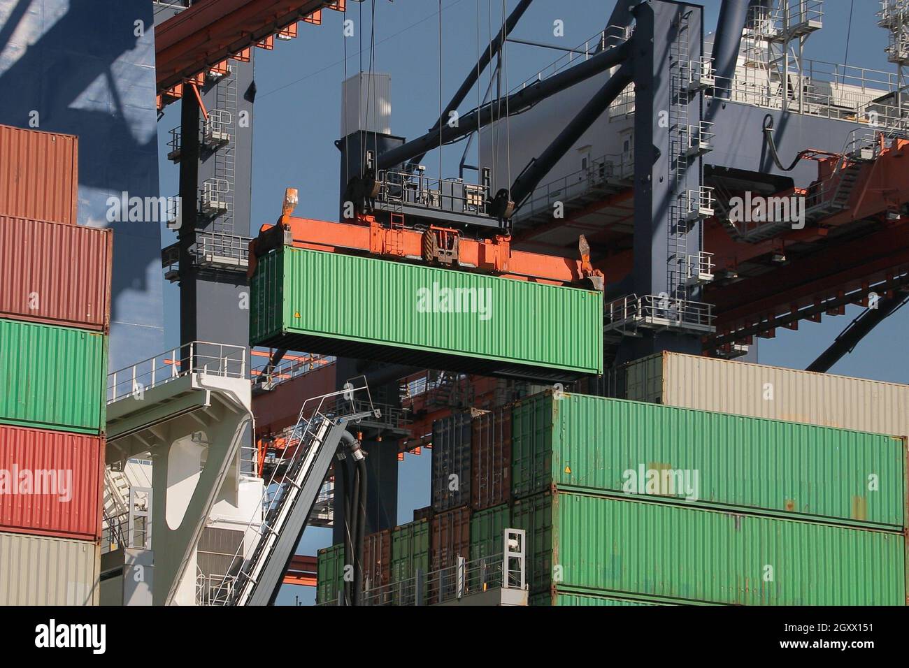 Cargo containers loaded on a huge ship in an intermodal freight ...