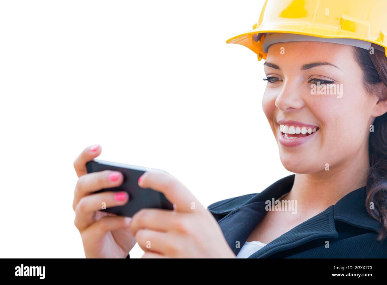 Female Contractor In Hard Hat Using Smart Phone Isolated On White Stock ...