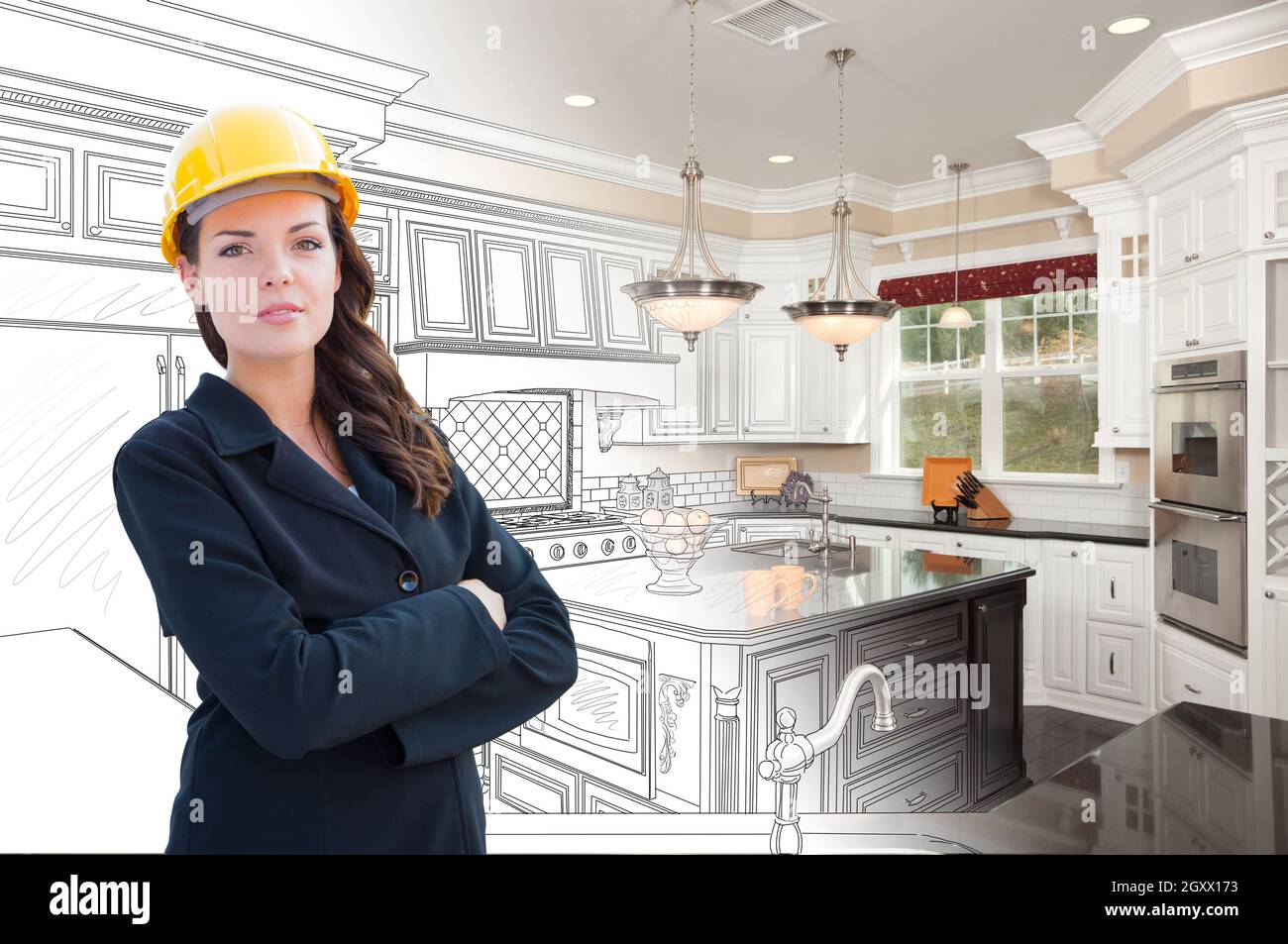 Female Contractor Over Kitchen Drawing Gradating to Photo Stock Photo ...