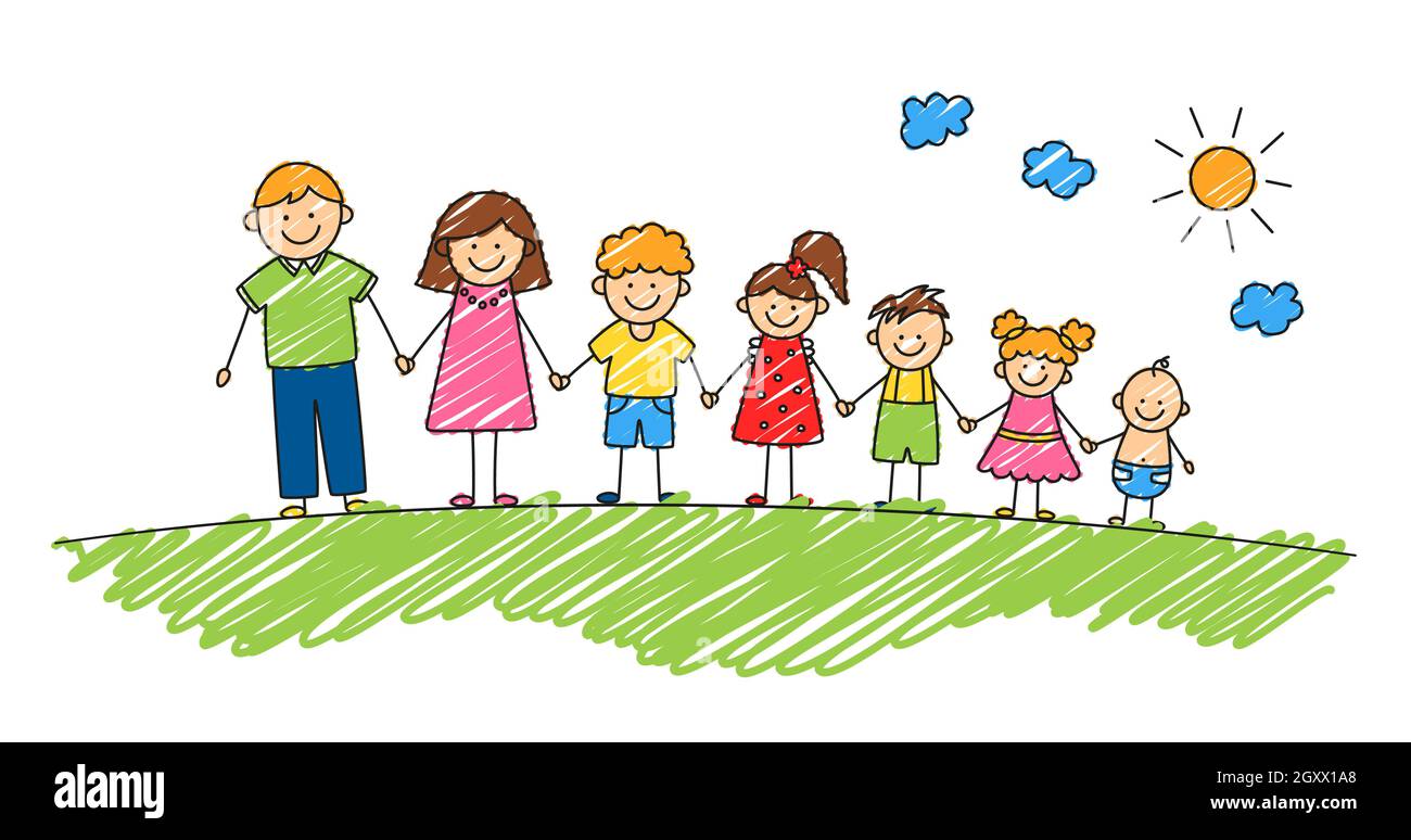 Happy doodle stick mans family in summer park. Hand drawn family ...