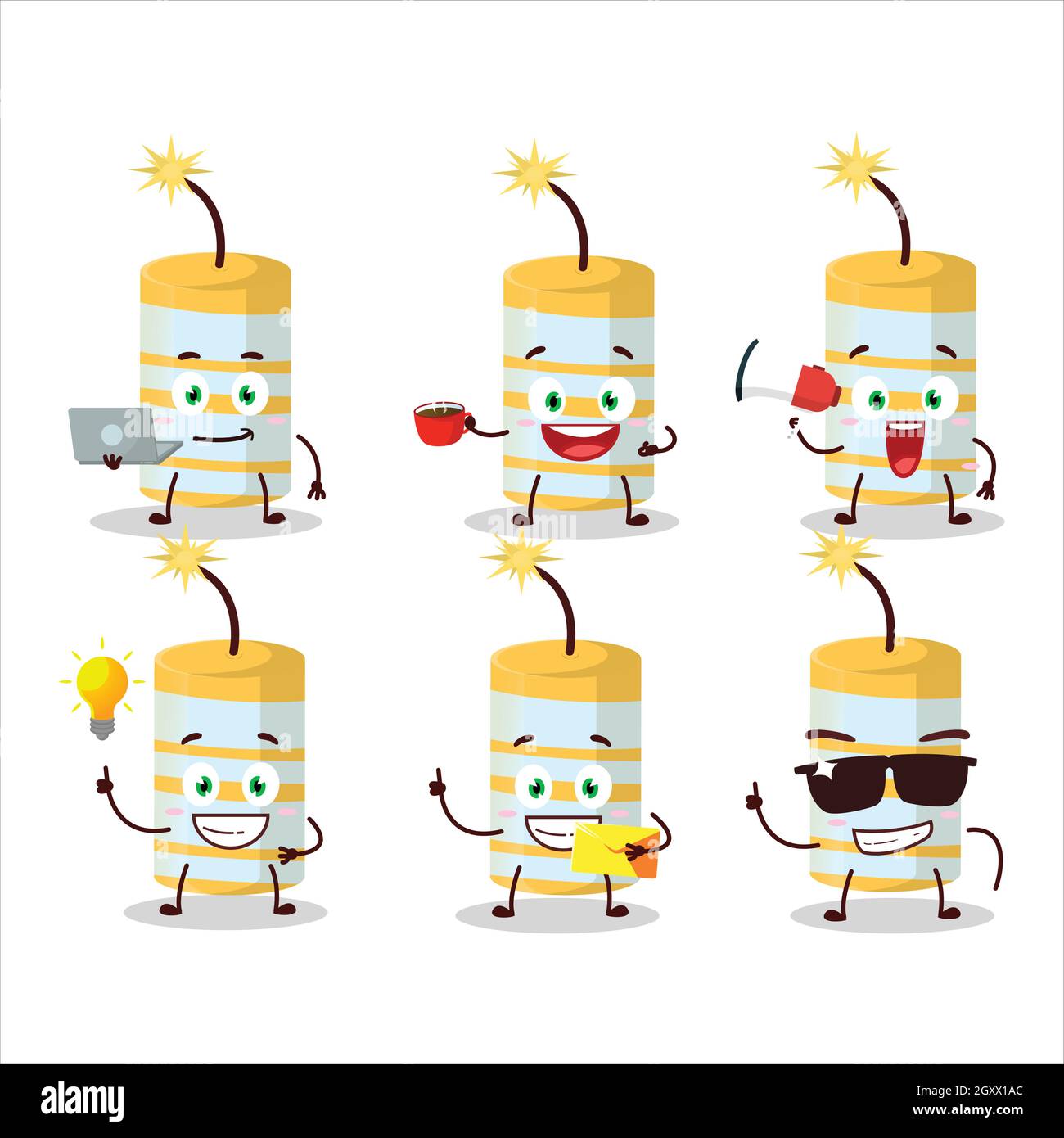 Yellow firecracker cartoon character with various types of business ...