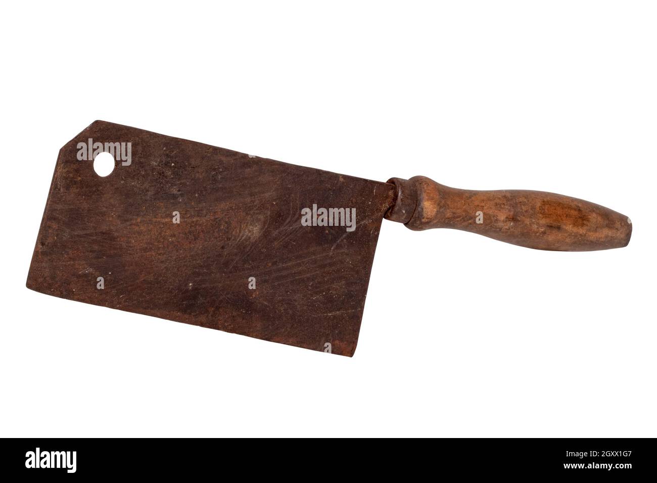 Macro of a rusty old butcher cleaver with wooden handle isolated on a ...