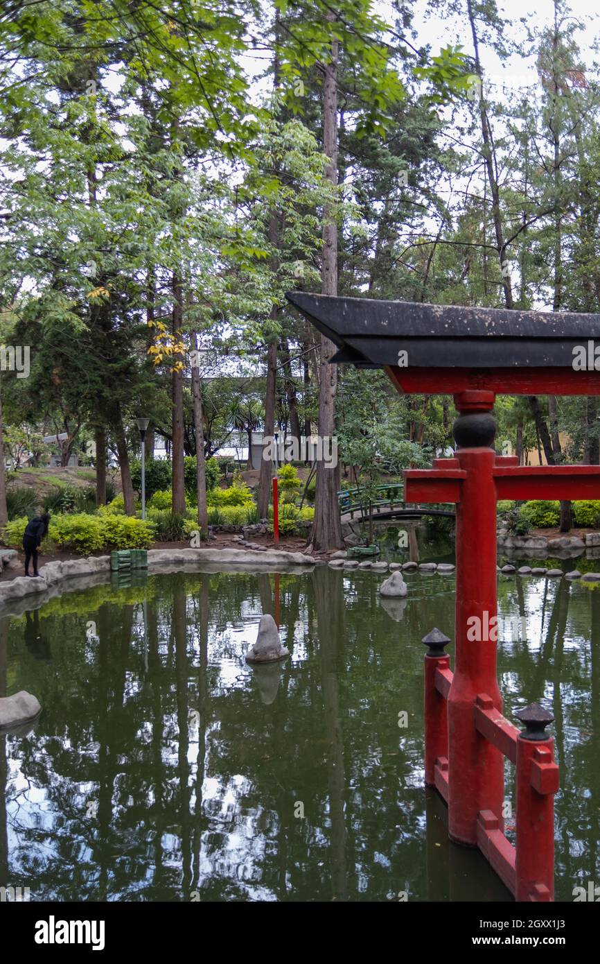 Traditional Japanese gate and pond in Masayoshi Ohira Park Stock Photo ...
