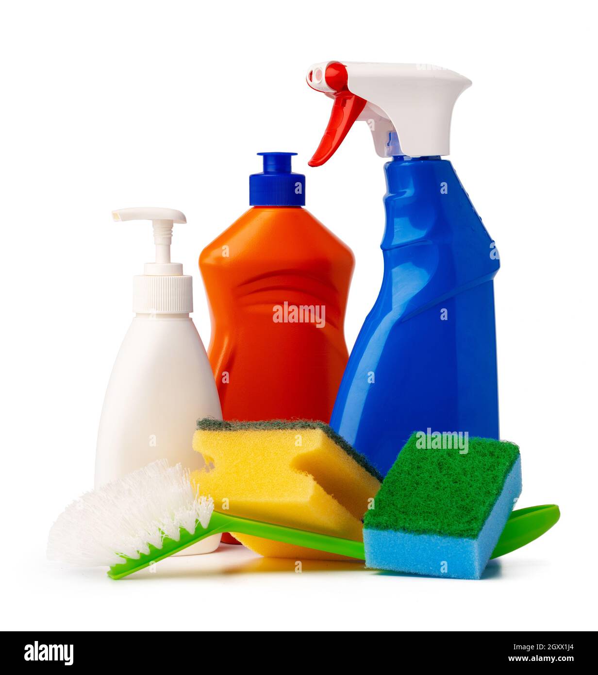 Sanitary household cleaning items isolated on white background Stock ...