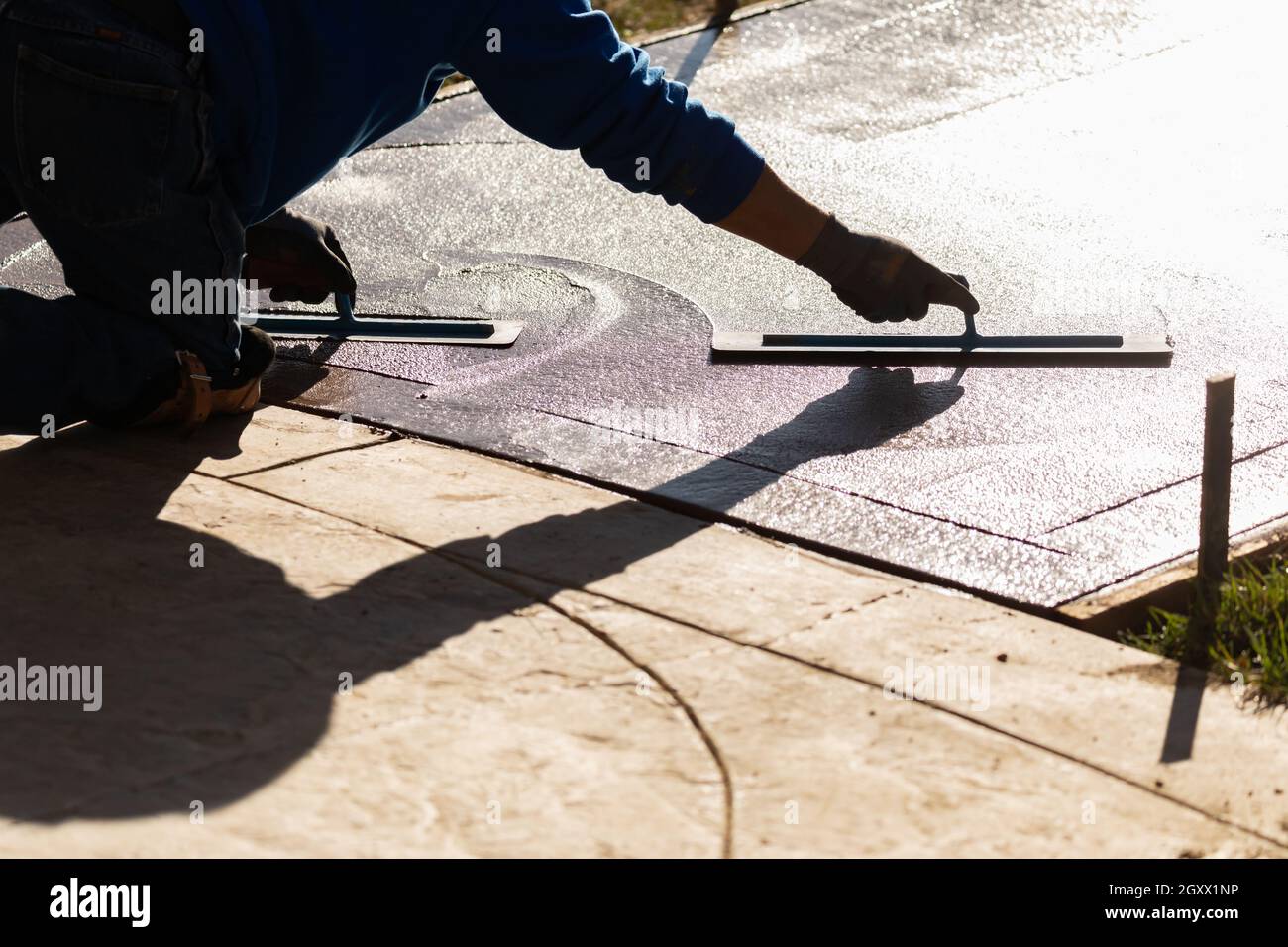 Construction Worker Smoothing Wet Cement With Trowel Tools Stock Photo ...