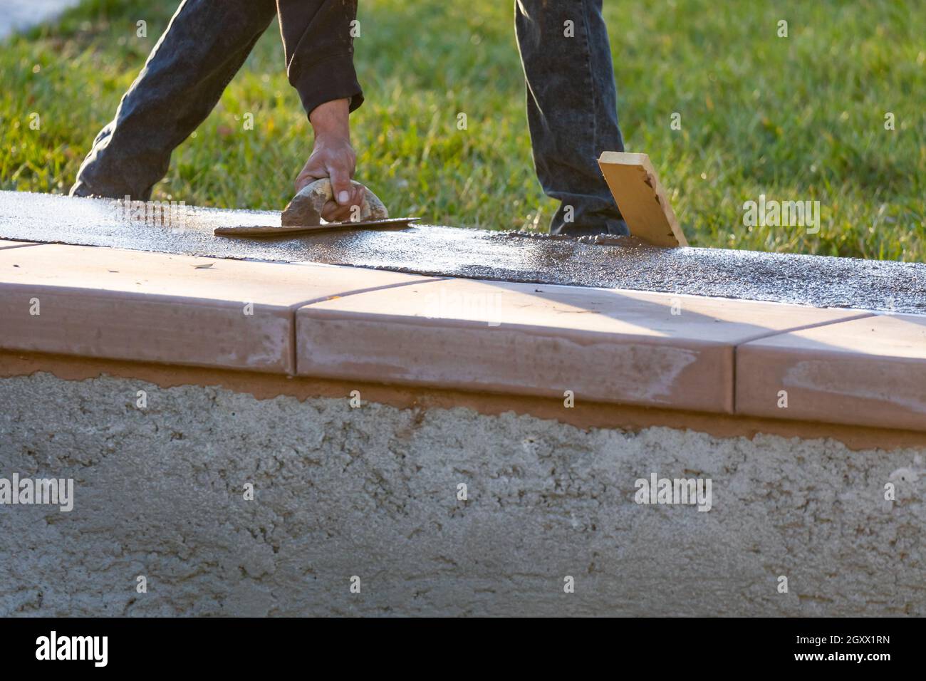 Construction Worker Smoothing Wet Cement With Trowel Tools Stock Photo ...