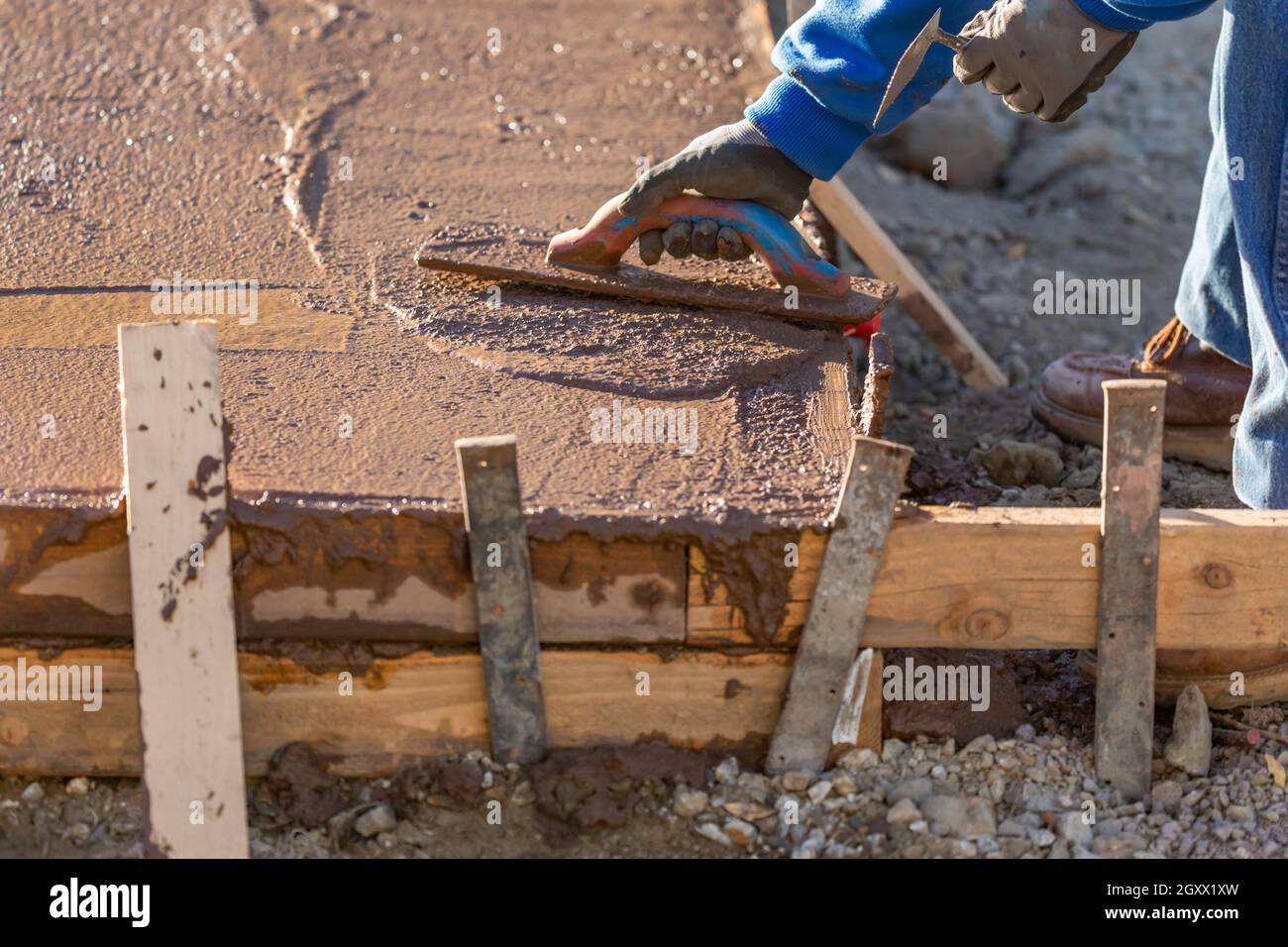 Construction Worker Smoothing Wet Cement With Trowel Tools Stock Photo ...