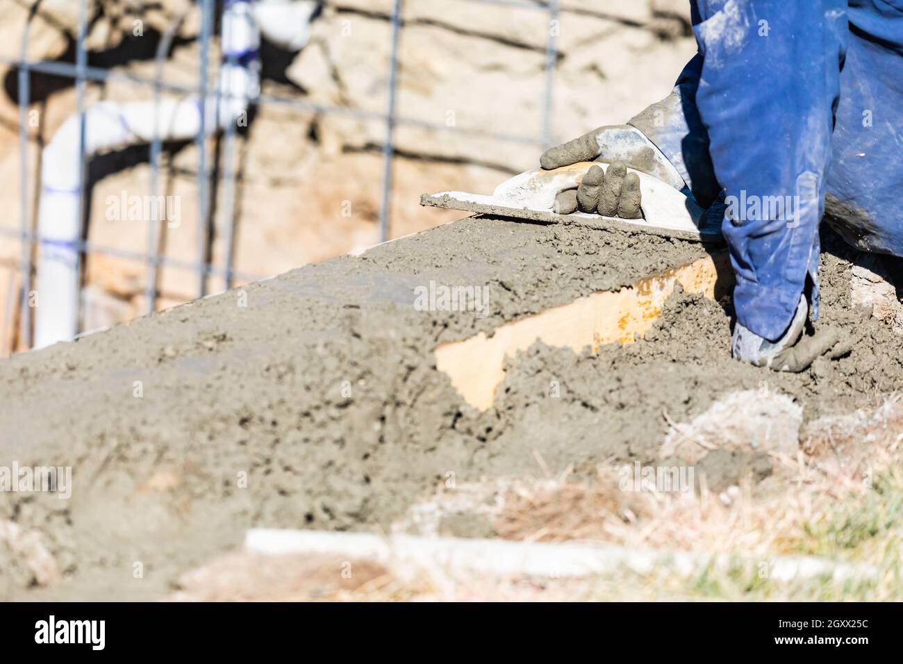 Pool Construction Worker Working With Wood Float On Wet Concrete Stock ...