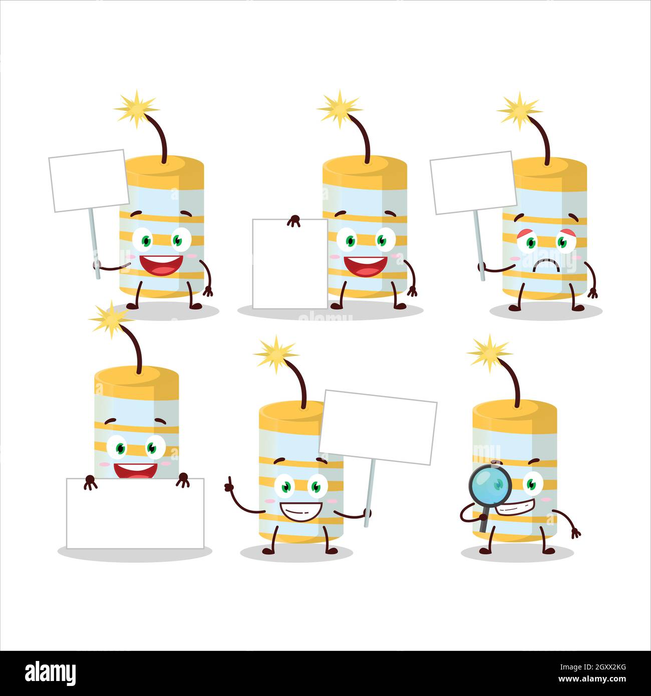 Yellow firecracker cartoon character bring information board. Vector ...