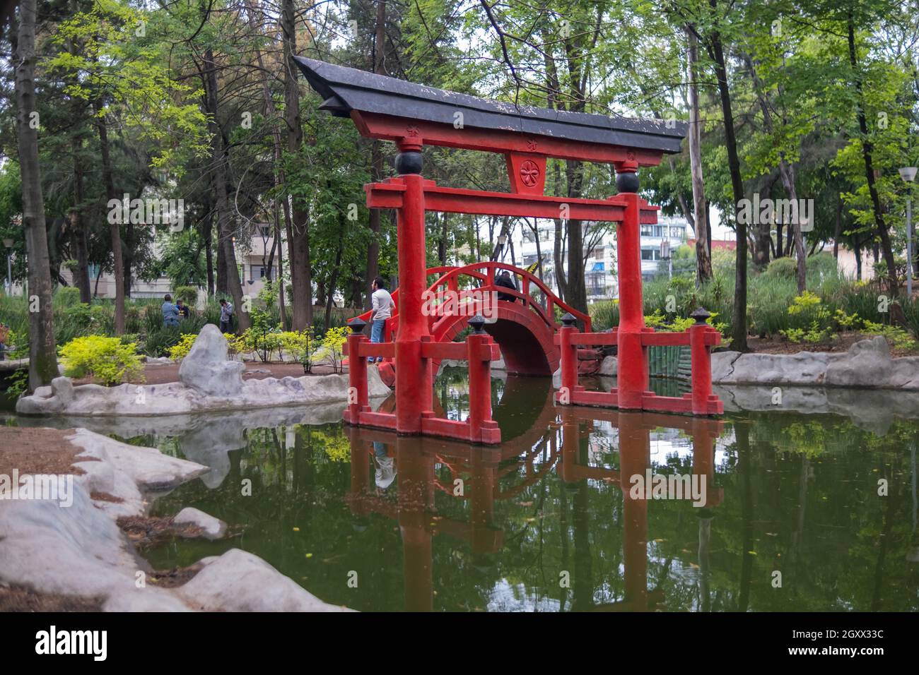 Traditional Japanese gate and pond in Masayoshi Ohira Park Stock Photo ...