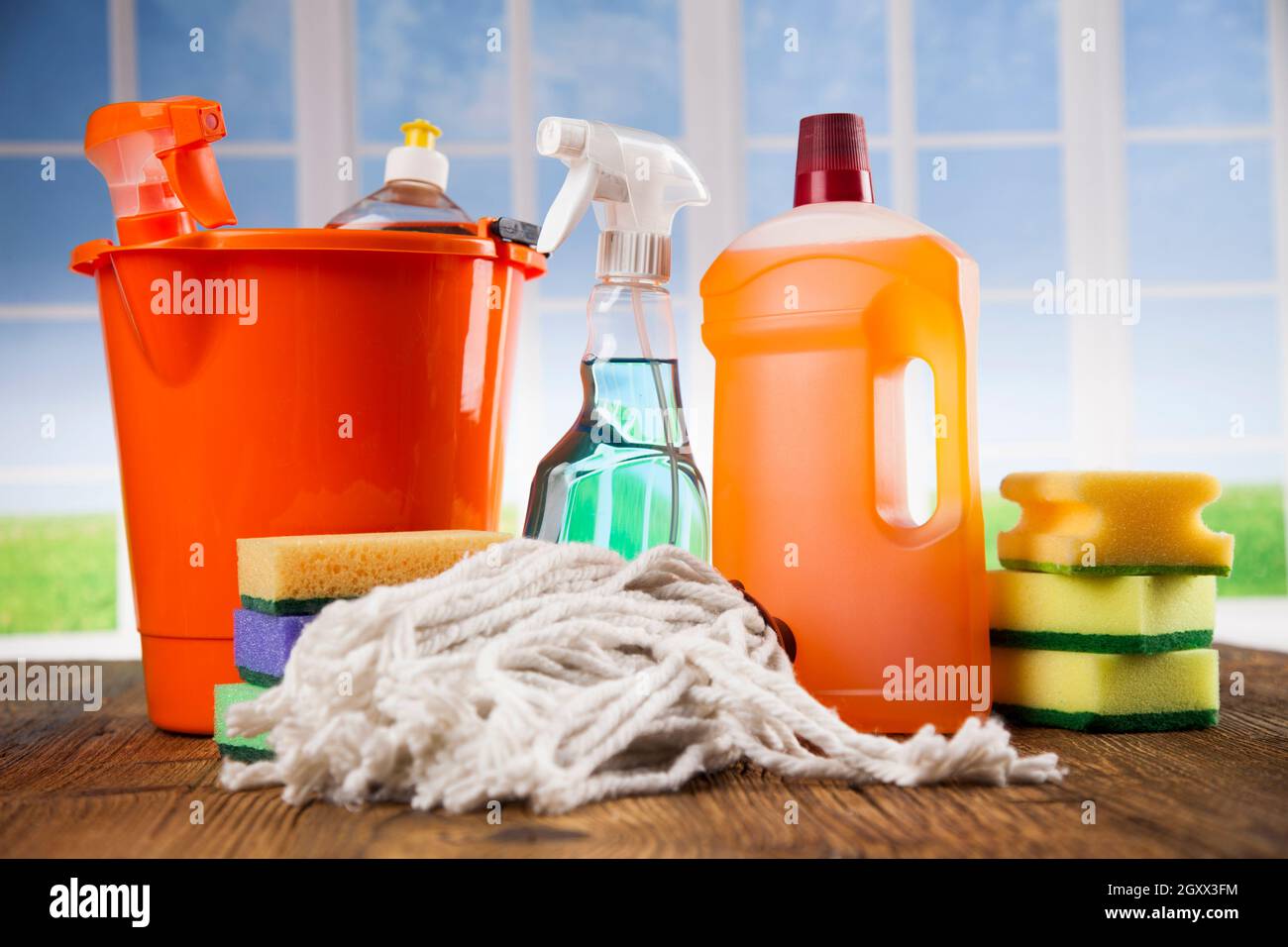 Cleaning Equipment and window background Stock Photo - Alamy