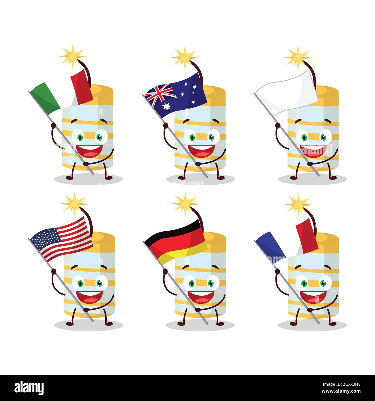 Yellow Firecracker Cartoon Character Bring The Flags Of Various