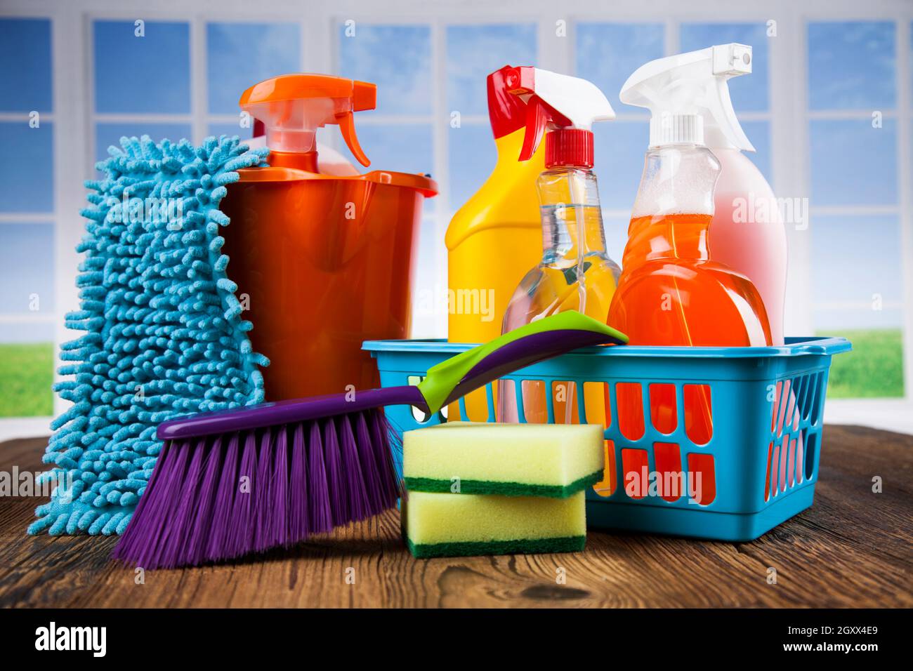 Set of cleaning products, equipment background Stock Photo - Alamy