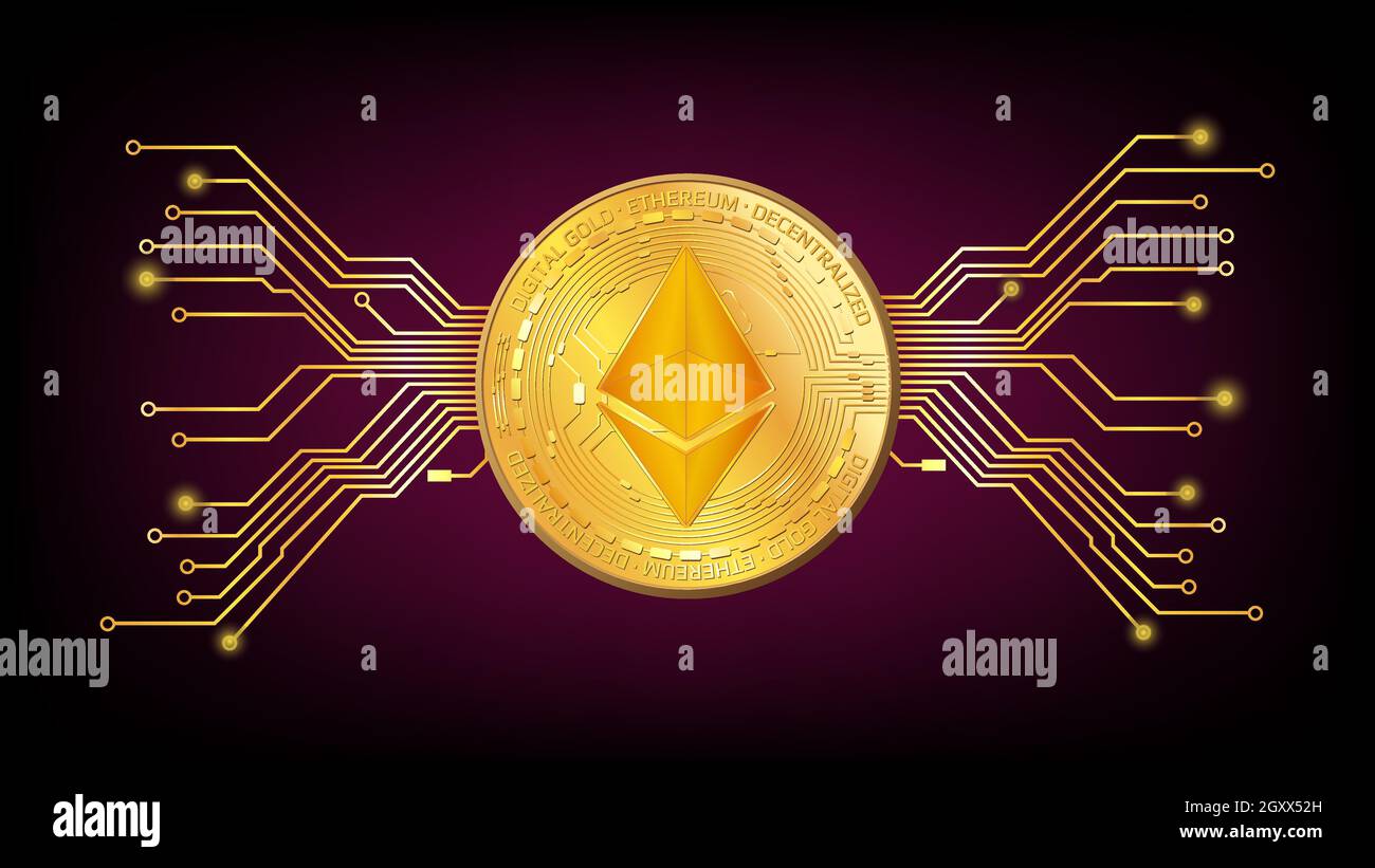 Detailed gold coin Ethereum ETH token with pcb tracks on dark red ...
