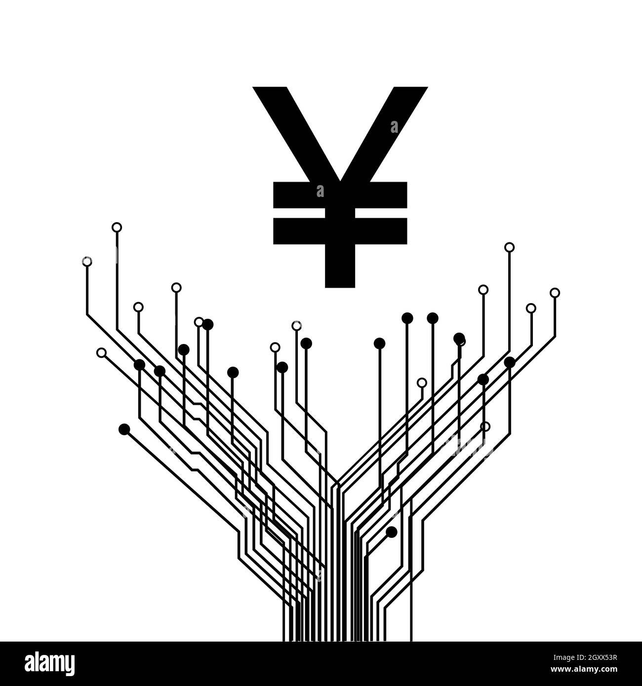 Yuan CNY digital coin symbol over PCB branching tracks isolated on ...