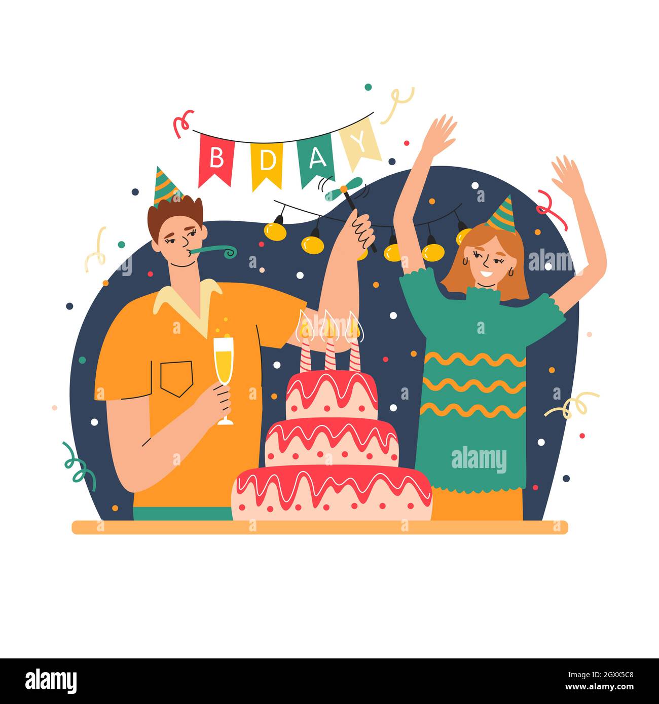Illustrated people celebrating at a birthday party Vector illustration ...