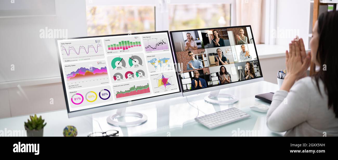 Online Video Conference Virtual Meeting On Multiple Screens Stock Photo ...