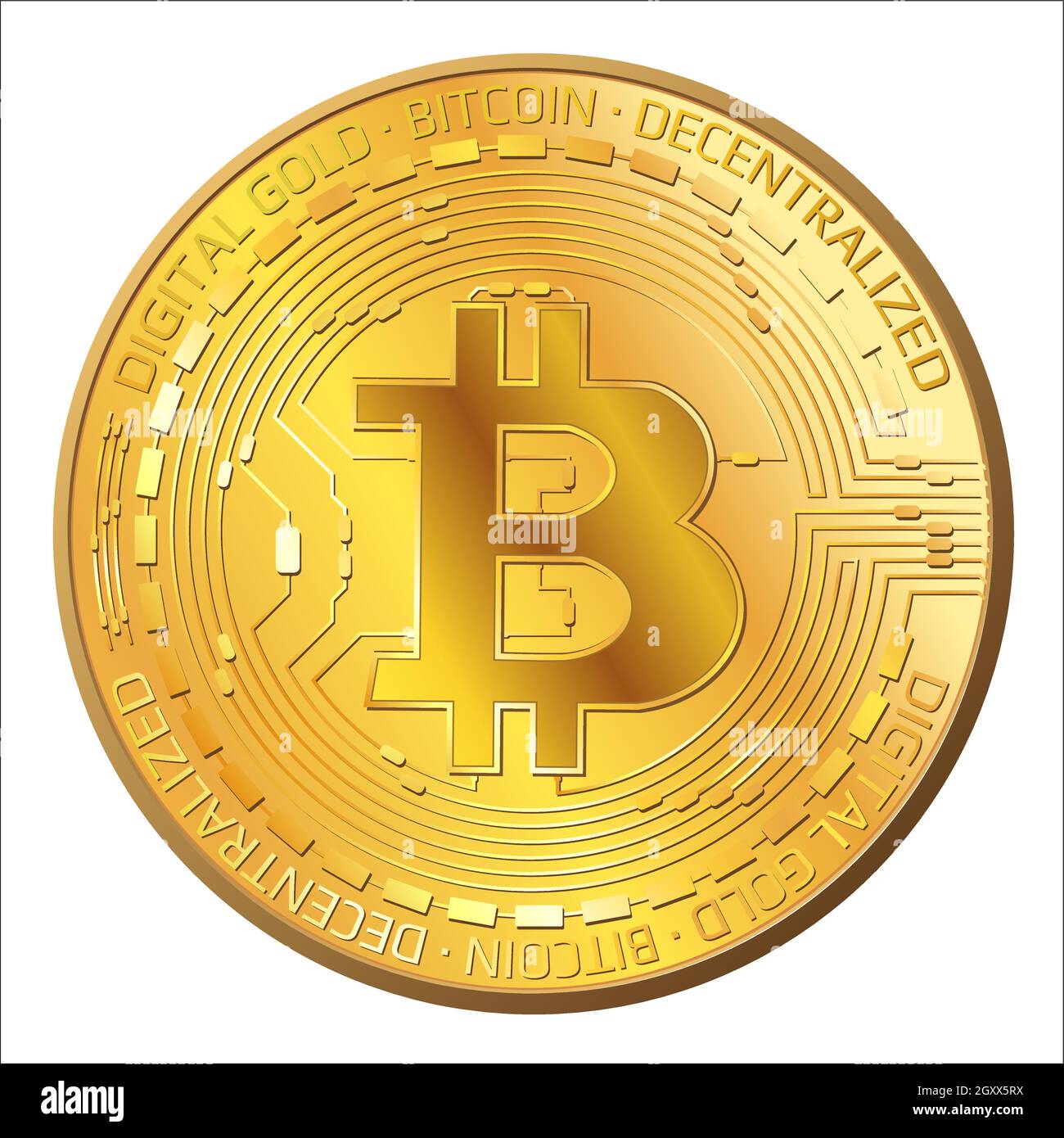 Detailed golden coins Bitcoin in front view isolated on white. BTC ...