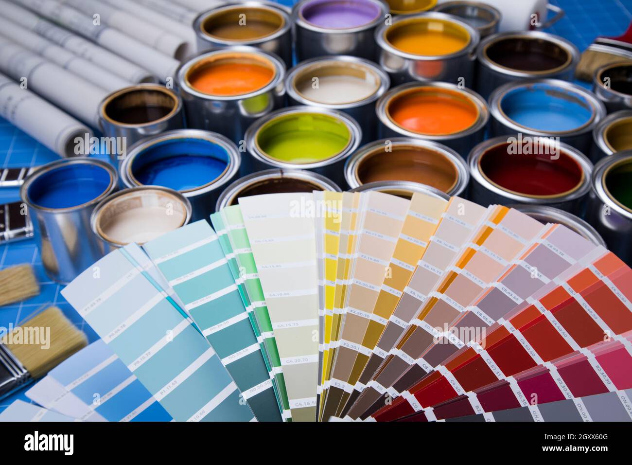 Palette of paint samples and paintbrush Stock Photo - Alamy