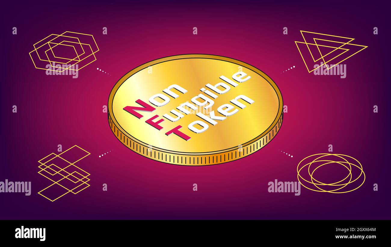 NFT non fungible tokens infographics with isometric gold coin in center ...