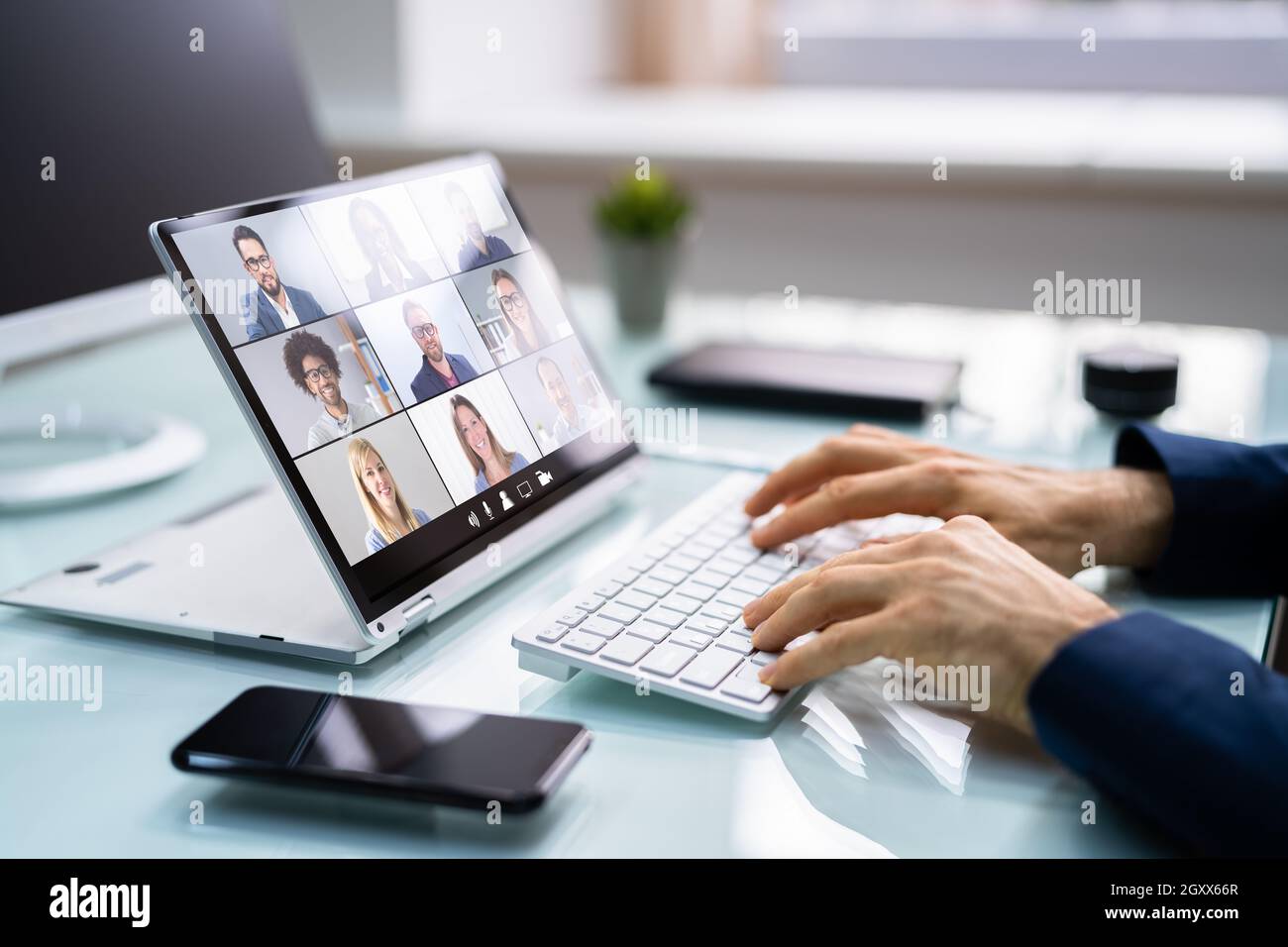 Virtual Conference Interview Meeting In Office Room Stock Photo - Alamy
