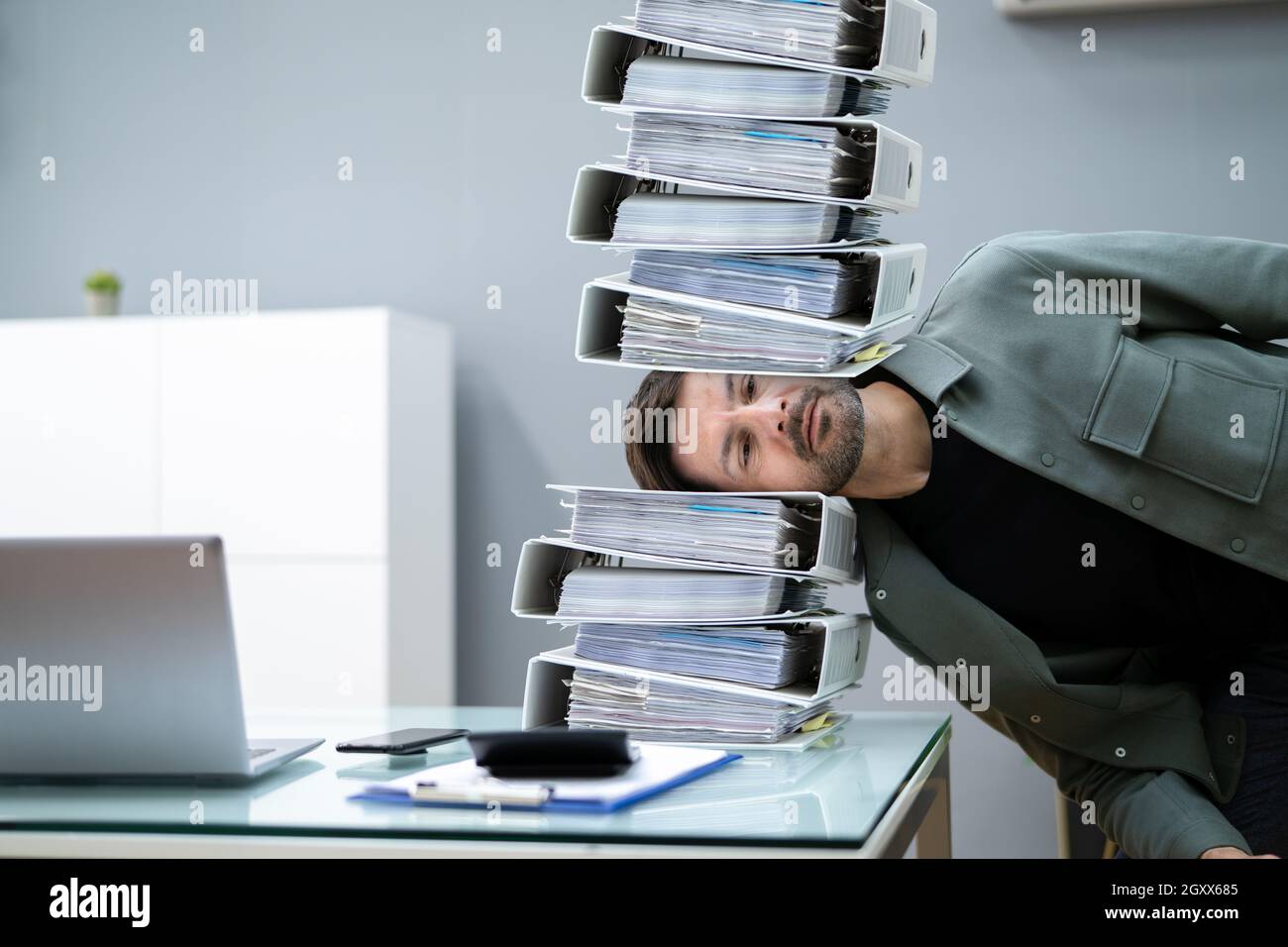 Corporate Desk Document Overload. Stacked Pile Of Paperwork Stock Photo ...