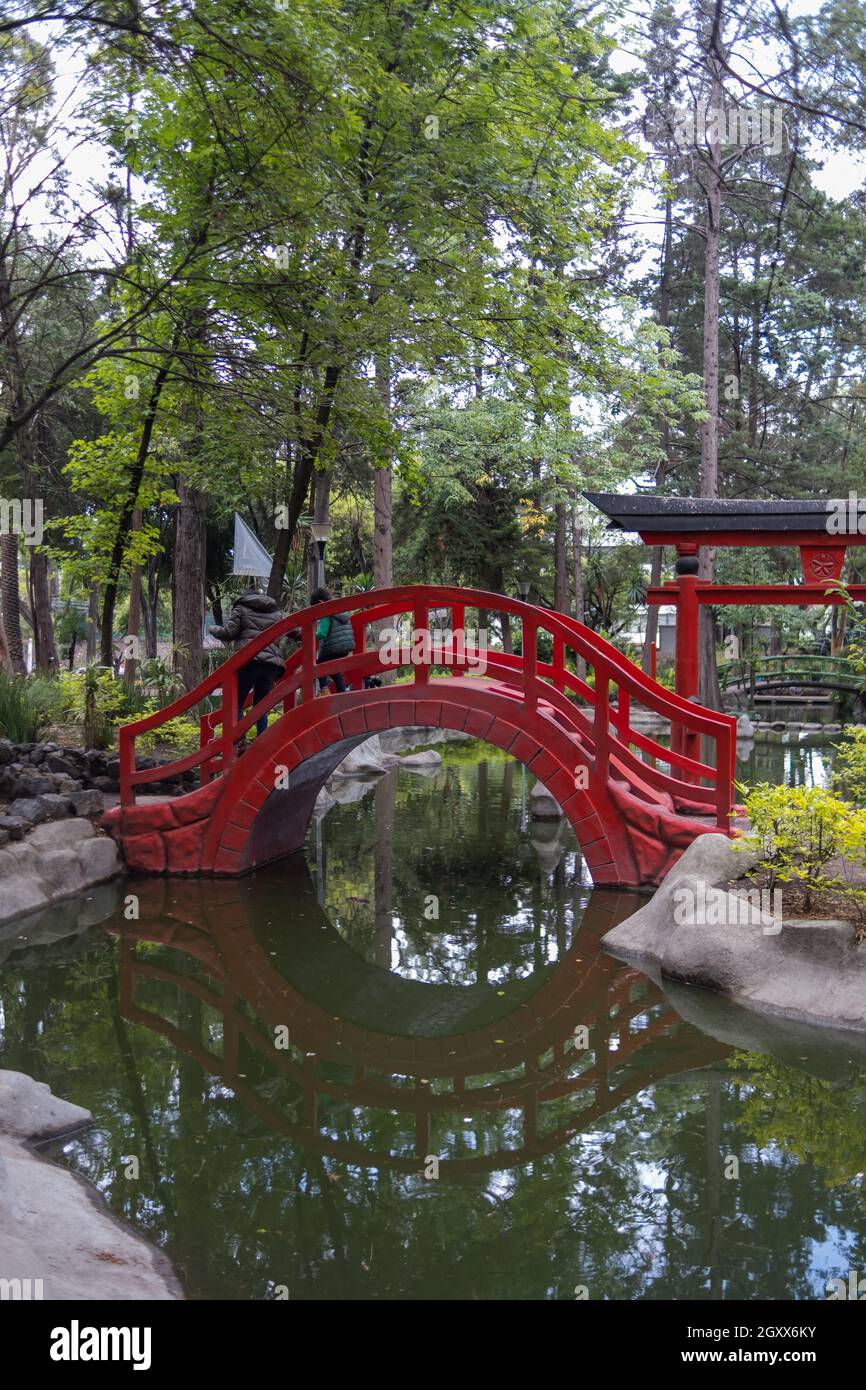 Traditional Japanese bridge and pond in Masayoshi Ohira Park Stock ...