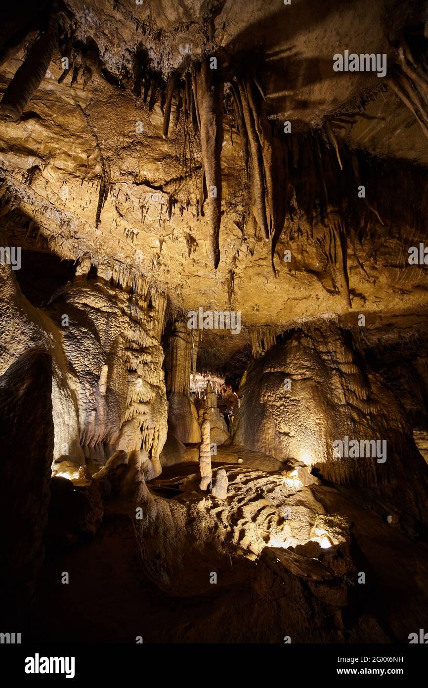 Rock formations in cave looking up with stalagmites and stalactites ...