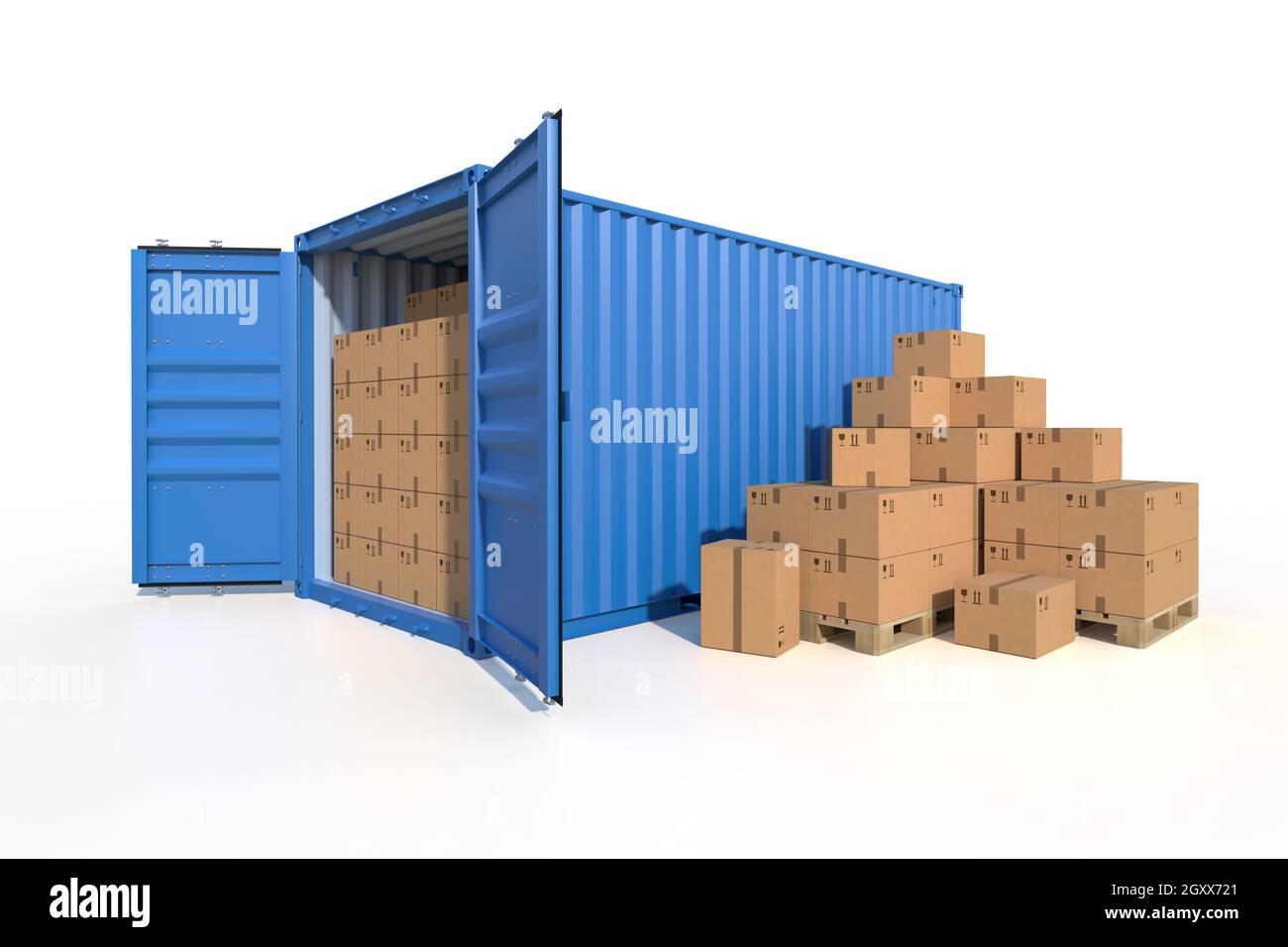 Ship cargo container side view, open doors, full with cardboard boxes ...