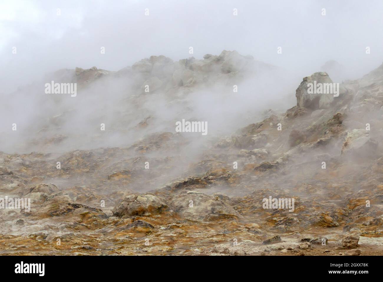 Steaming fumarole in geothermal area of Hverir, Namafjall in northern ...