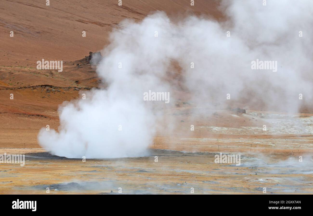 Steaming fumarole in geothermal area of Hverir, Namafjall in northern ...