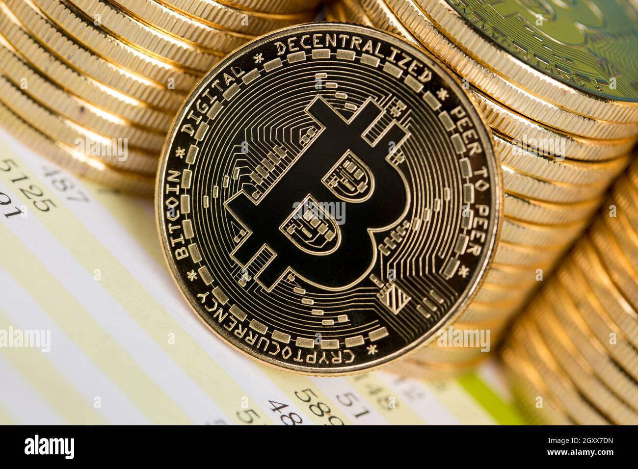 Virtual money, Currency. Bitcoin coins, financial chart Stock Photo - Alamy