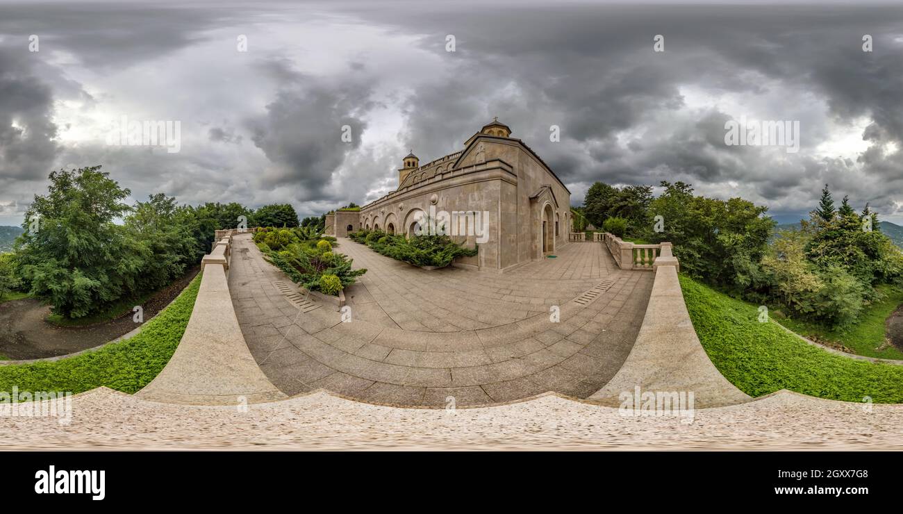 360 hdri panorama near yellow brick orthodox georgian church high in ...