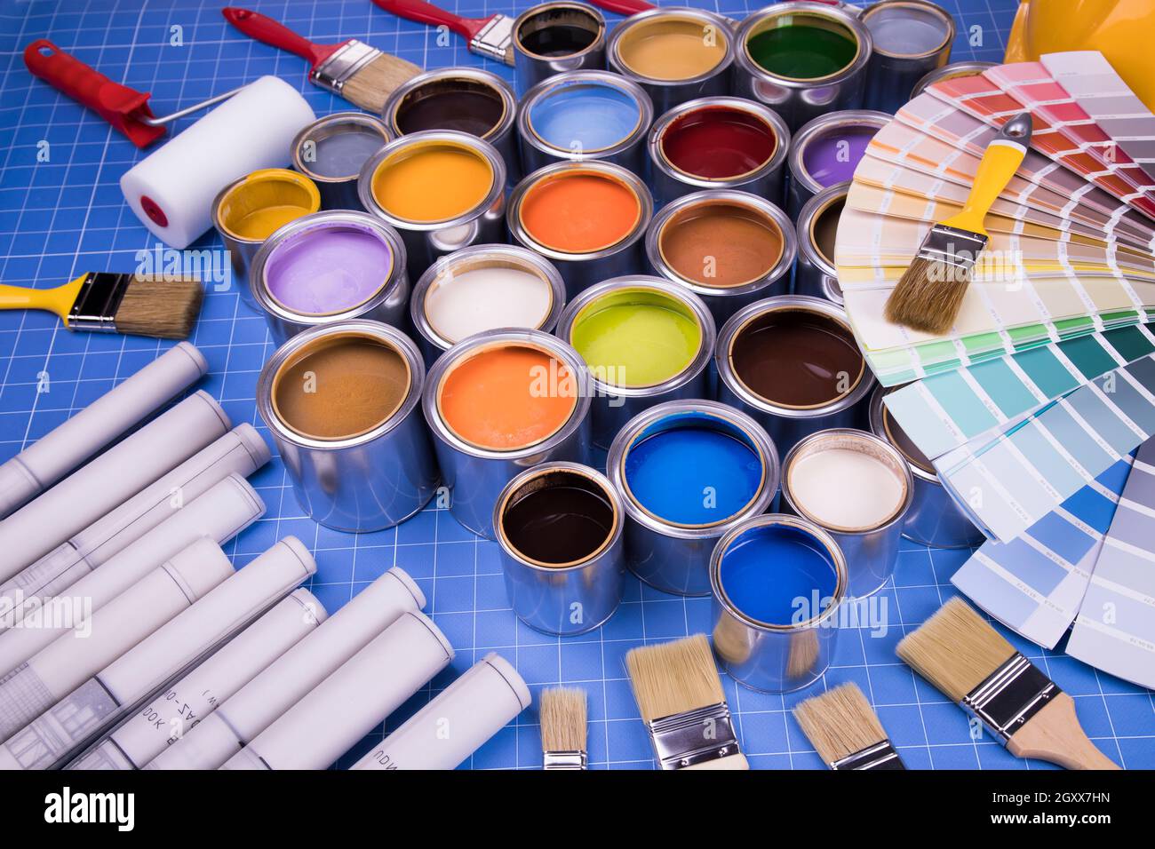 Palette of paint samples and paintbrush Stock Photo - Alamy