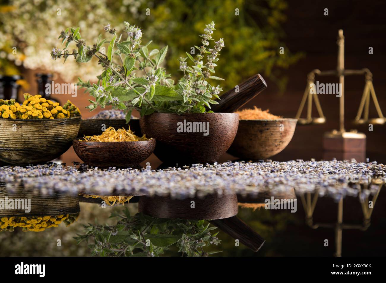 Homeopathy, herbal medicine on wooden table , black mirror background ...