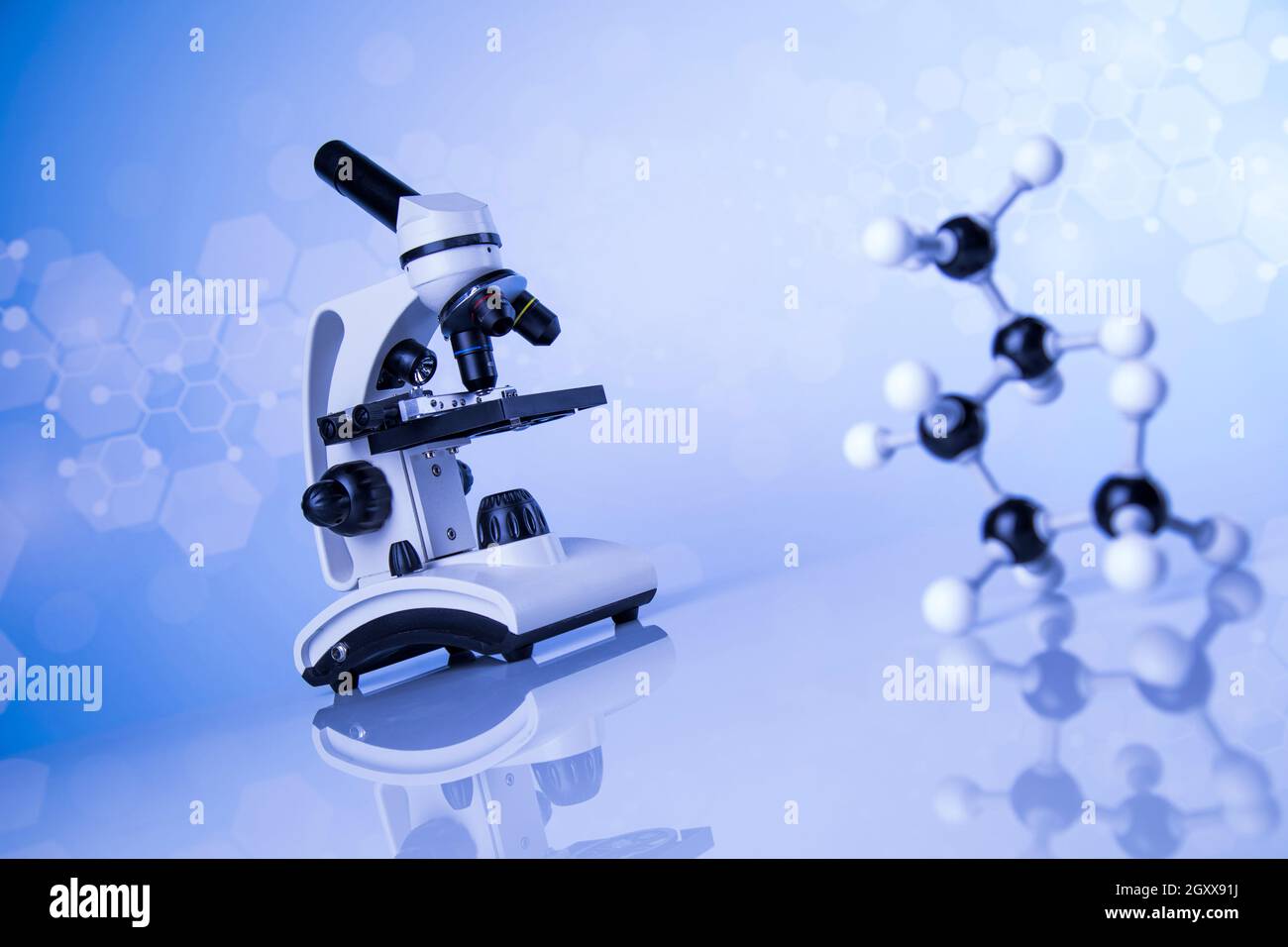 Atom, Microscope, Laboratory beakers,Science experiment Stock Photo - Alamy