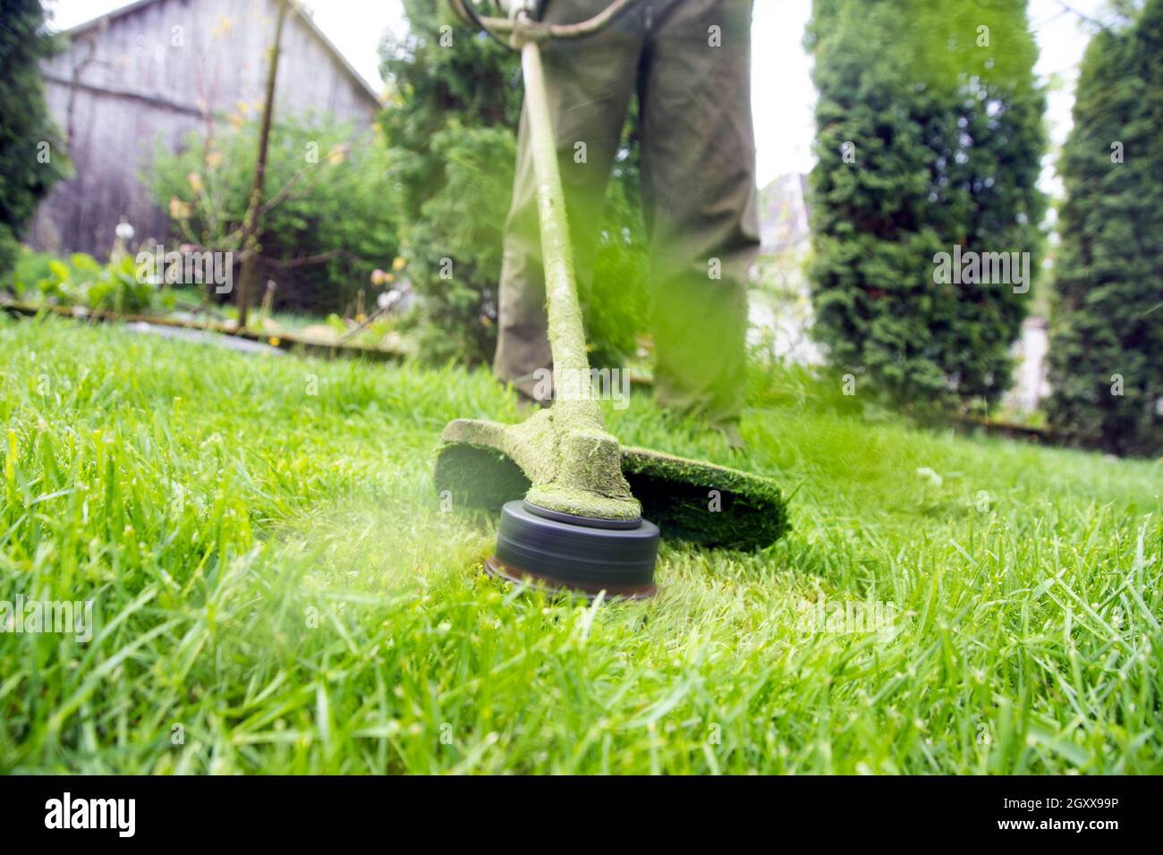 Mowing the grass with a lawn mower. Garden work concept background ...
