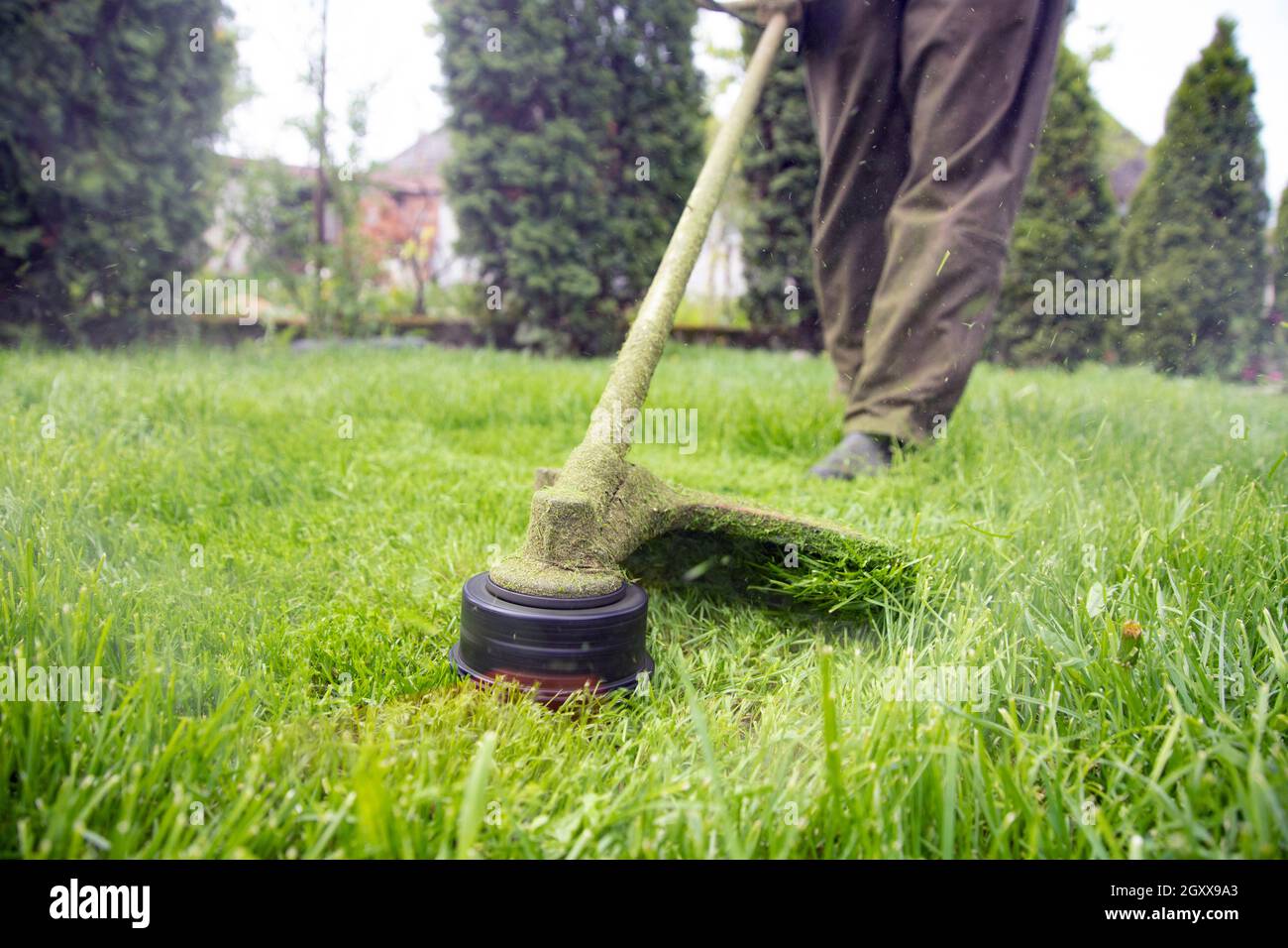 Mowing the grass with a lawn mower. Garden work concept background ...