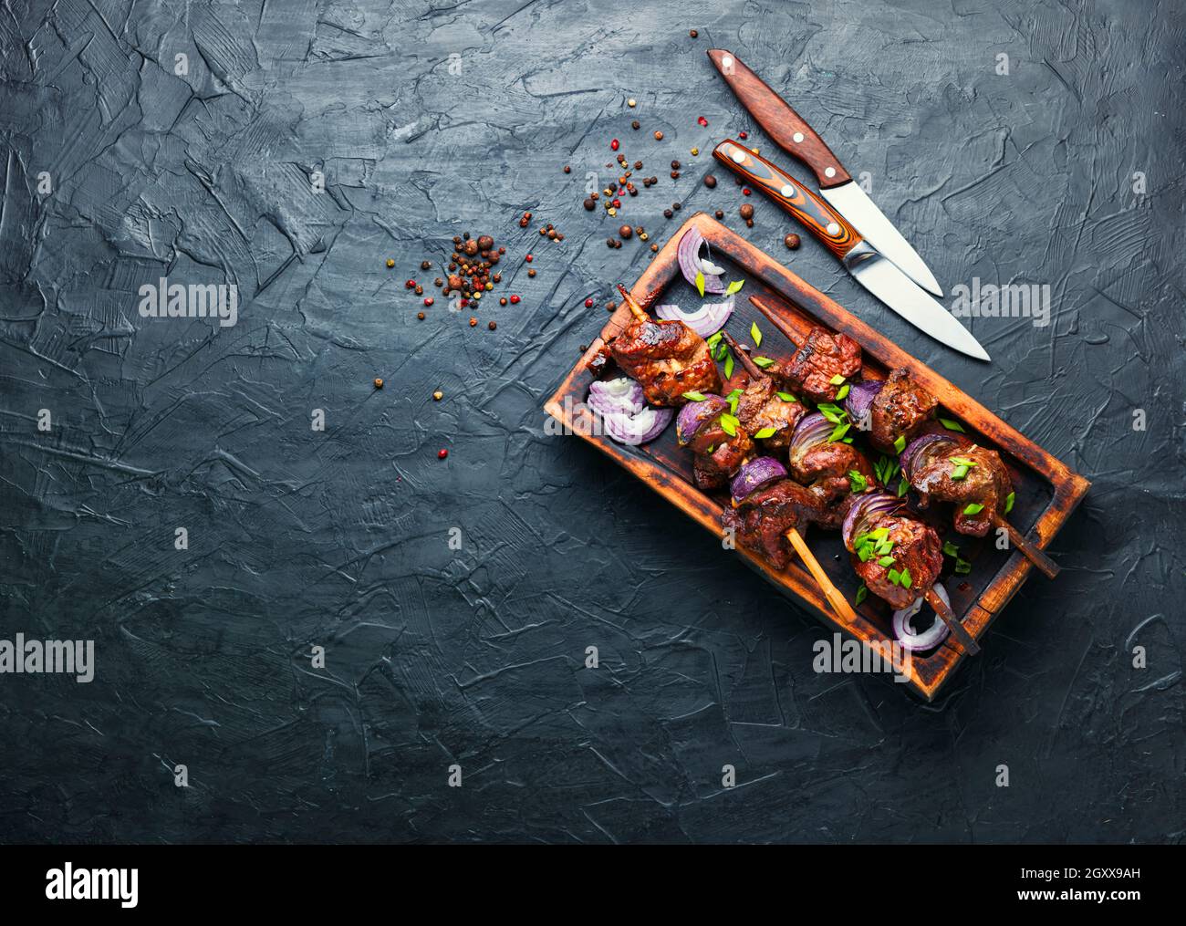 Turkish or arabic tradition liver kebab on skewers.Copy space Stock ...