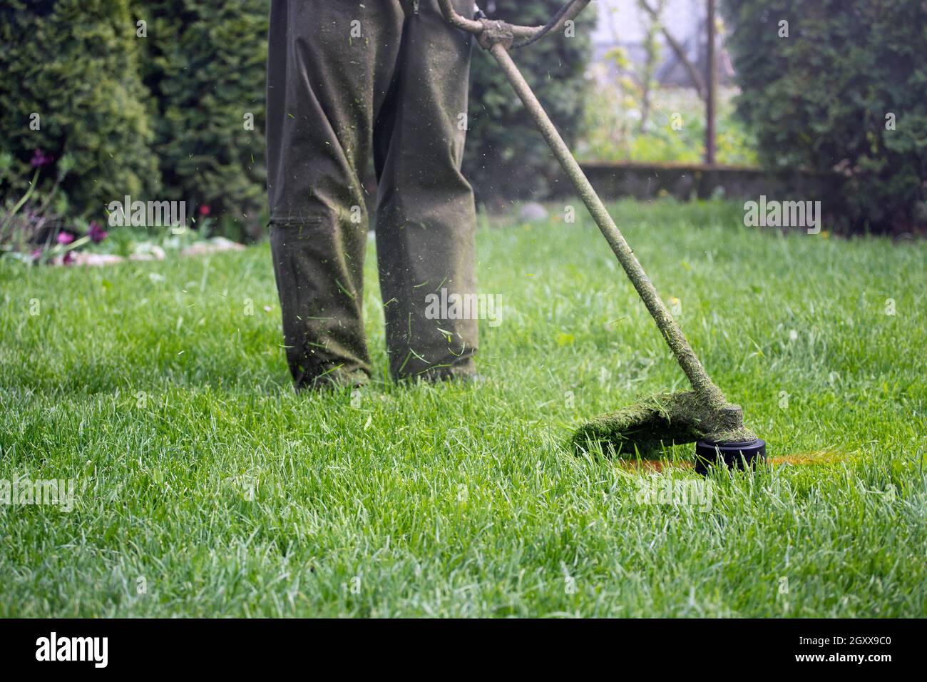 Mowing the grass with a lawn mower. Garden work concept background ...