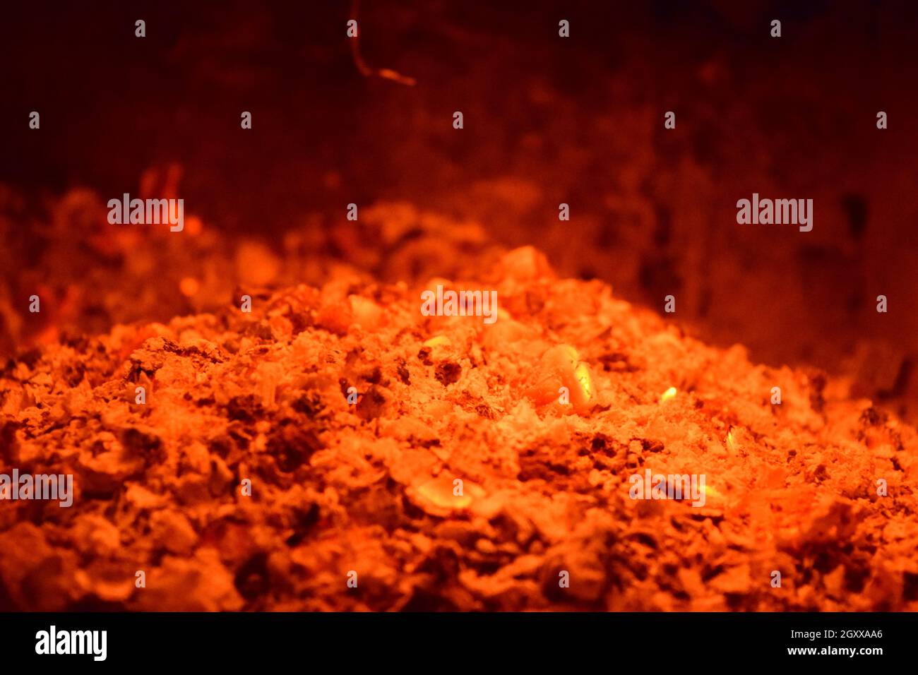 Hot coals in the stove. Red burned by heating the particles tree Stock ...