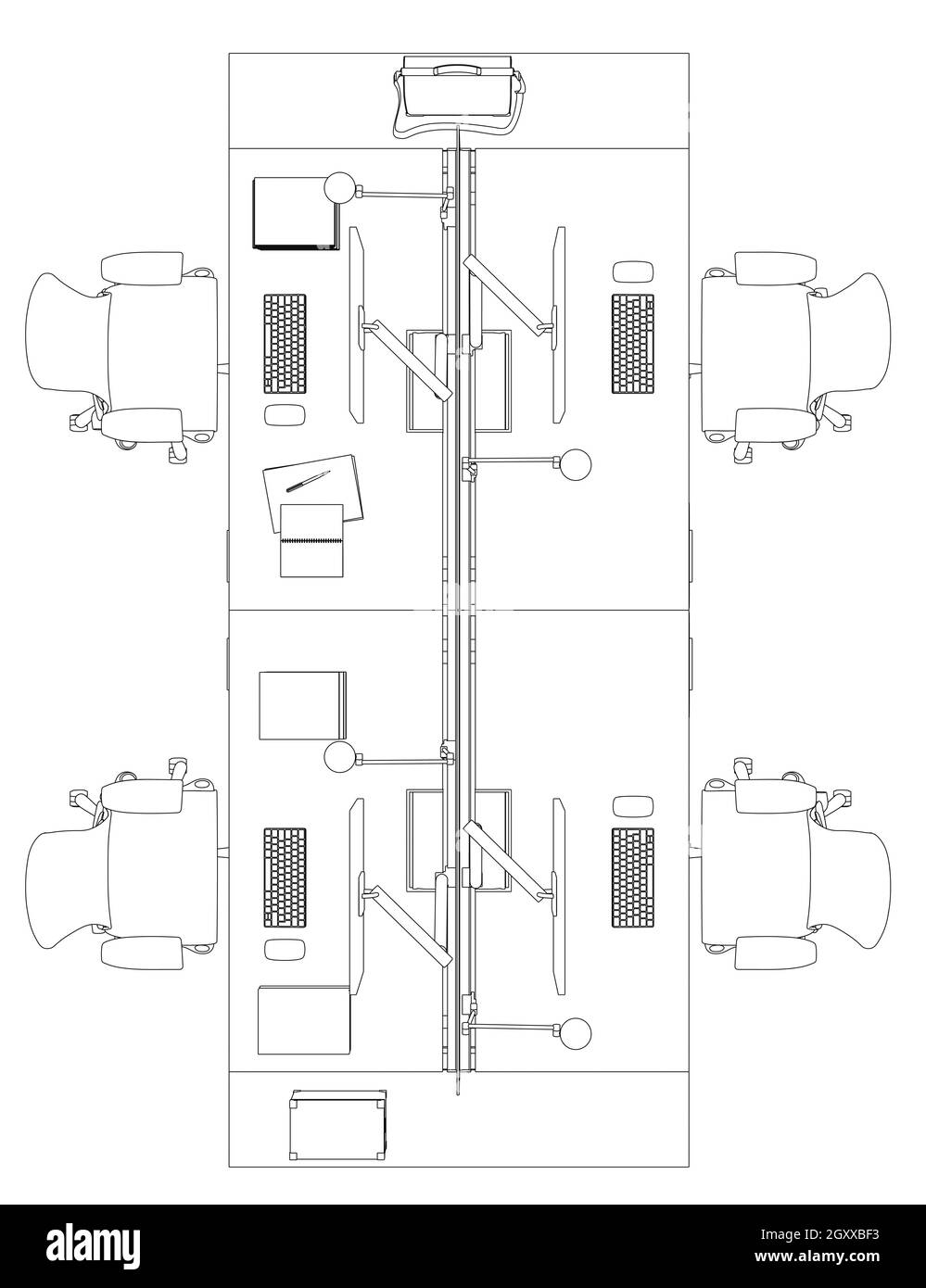 Contour of workplaces with computers and armchairs from black lines ...