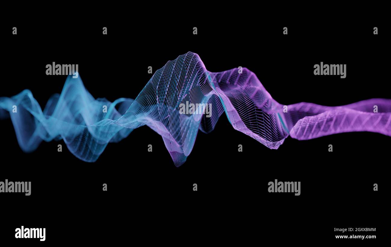 Blue And Purple 3d Wireframe Wave Structure Abstract Visualization Of Audio Sound Waves Against