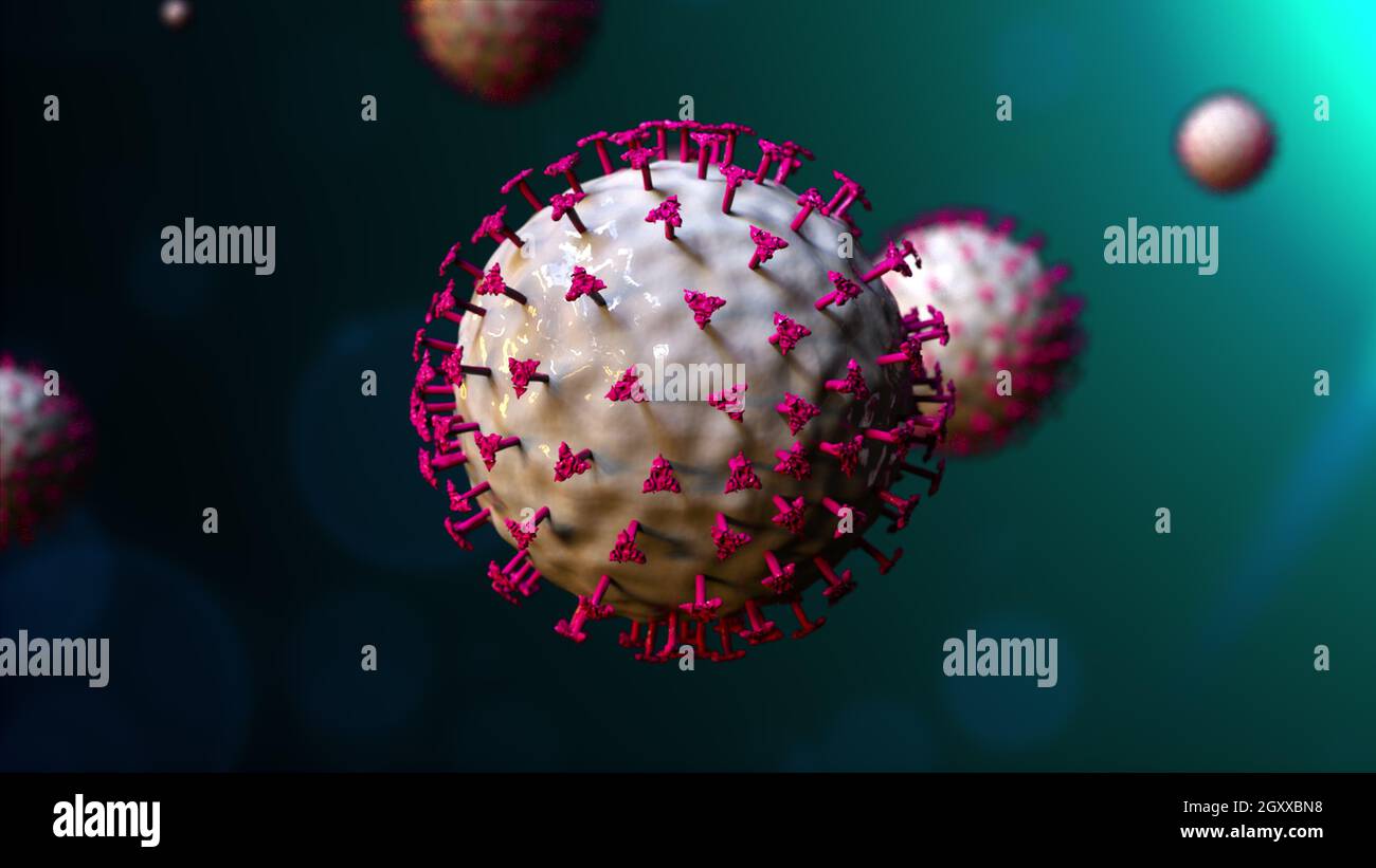 Bacteria with spikes floating in 3d render space. Dangerous respiratory ...