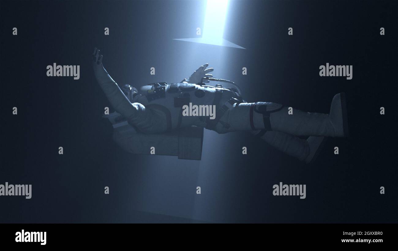 Alien 3d render artifact attracts spaceman in spacesuit with ray ...