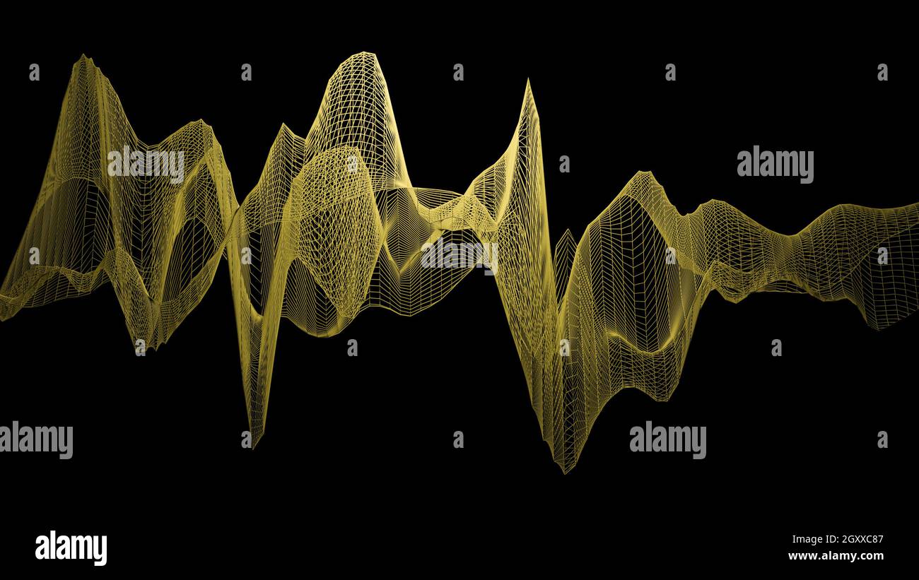 Yellow 3d Wireframe Wave Structure Abstract Visualization Of Audio Sound Waves Against Black
